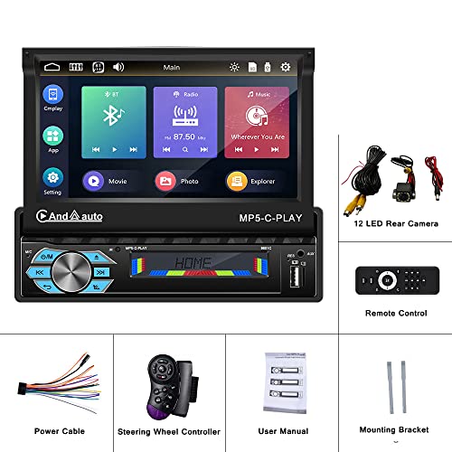 CarThree Single Din Apple Carplay Car Stereo with Bluetooth and Backup Camera, 7inch flip Out Touch Screen Car Radio MP5 Player Support Android Auto,Subwoofer Mirror Link,USB,TF,FM,Aux-in,SWC