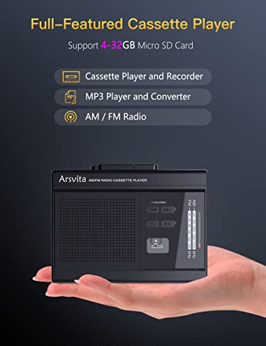 Arsvita Portable Cassette Player and Recorder, Cassette to MP3 Digital Converter, AM/FM Radio Tape Walkman, Support 4-32G Micro SD Card, Build-in Speaker and Microphone, Black