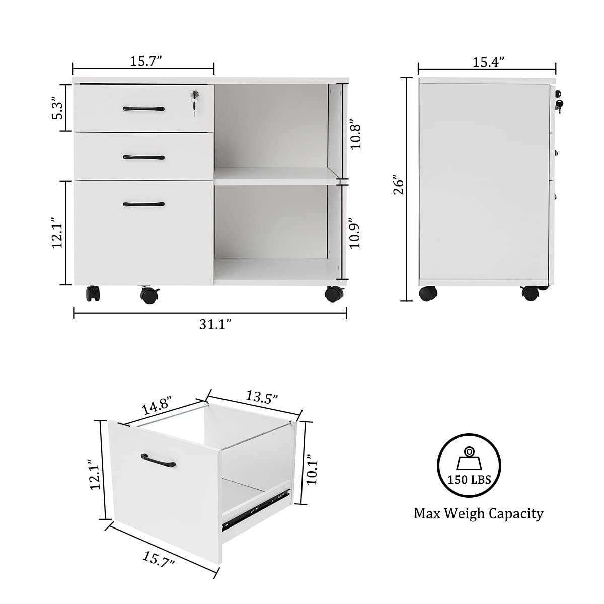 Panana Wood File Cabinet, 3 Drawer Mobile Lateral Filing Cabinet on Wheels, Printer Stand with Open Storage Shelves for Home Office (White)