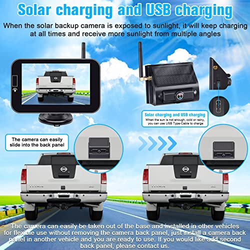 LeeKooLuu Solar Wireless Backup Camera HD 1080P Rechargeable System 5'' Monitor 3 Mins Installation for Car Truck Camper Small RV Hitch Rear View Camera LK14