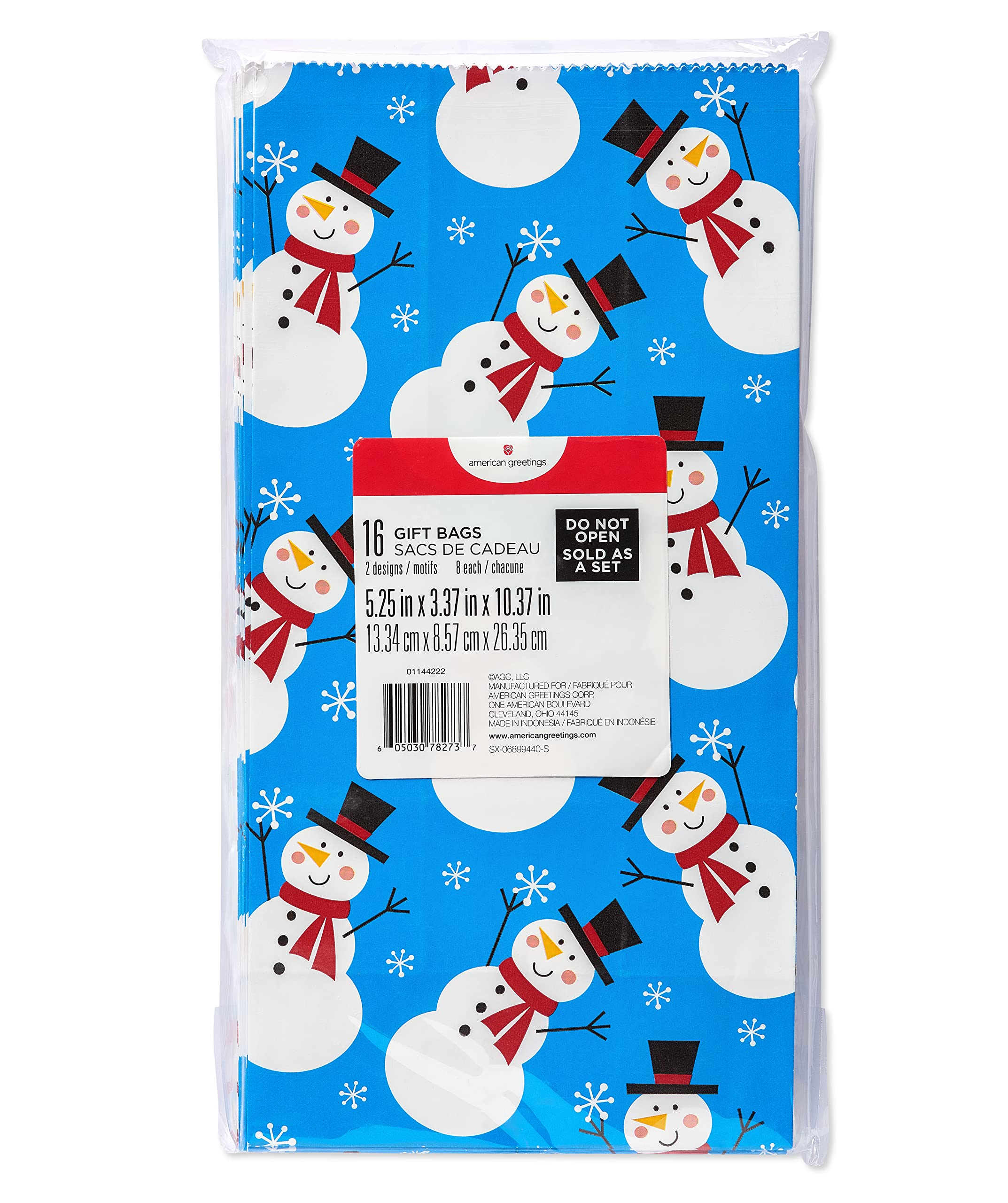 American Greetings 10.375'' Christmas Goodie Bags, Snowman and Snowflakes (16 Bags)