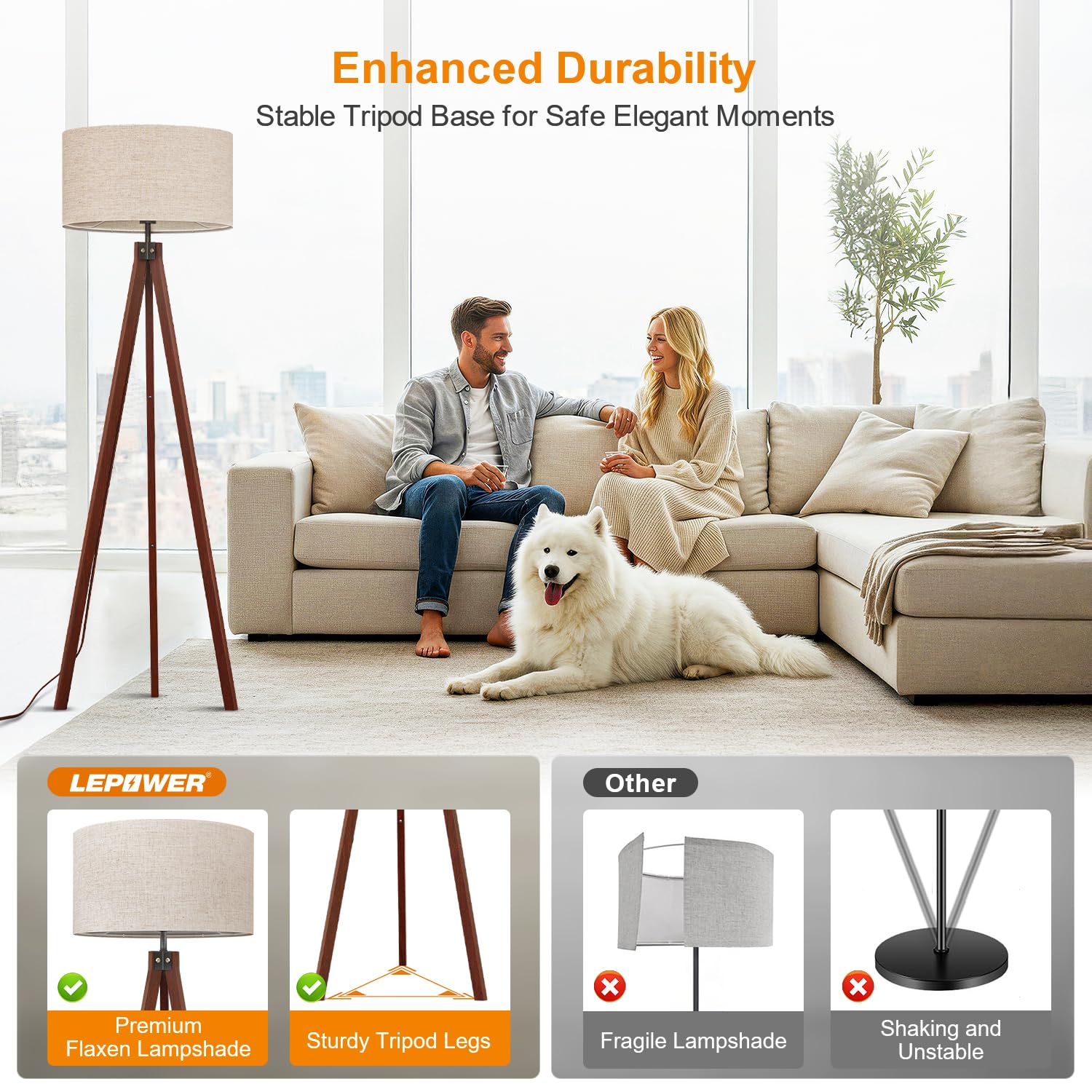 LEPOWER Wood Tripod Floor Lamp, Mid Century Standing Lamp, Modern Design Studying Light for Living Room, Bedroom, Study Room and Office, Flaxen Lamp Shade with E26 Lamp Base