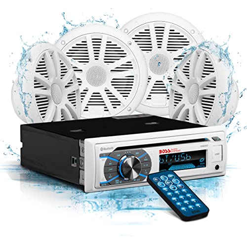 BOSS Audio Systems MCK508WB.64S Marine Boat Stereo Sound System Speaker Package - Single Din Radio Receiver Head Unit, No CD Player, Bluetooth Audio, Two 6.5 Inch Full Range Speakers, Dipole Antenna