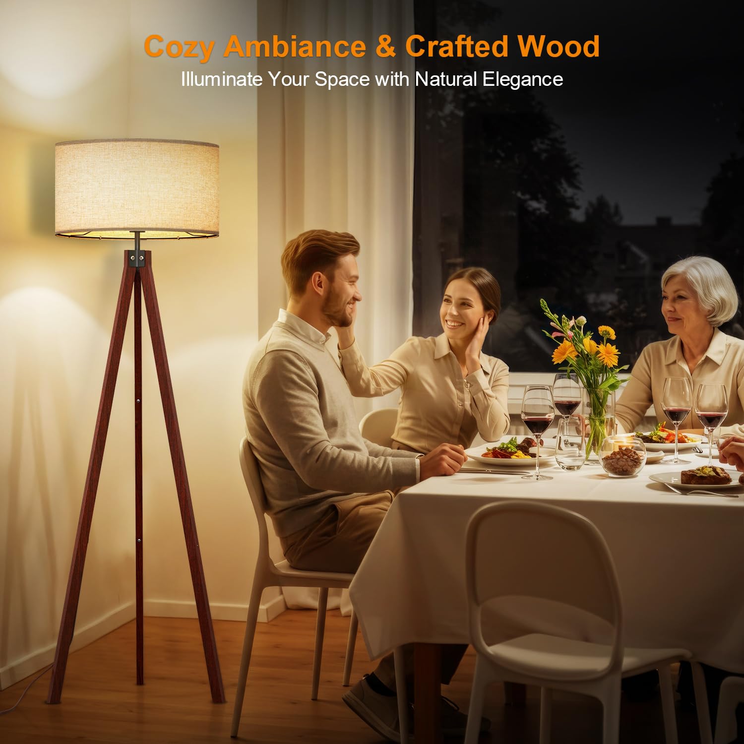 LEPOWER Wood Tripod Floor Lamp, Mid Century Standing Lamp, Modern Design Studying Light for Living Room, Bedroom, Study Room and Office, Flaxen Lamp Shade with E26 Lamp Base