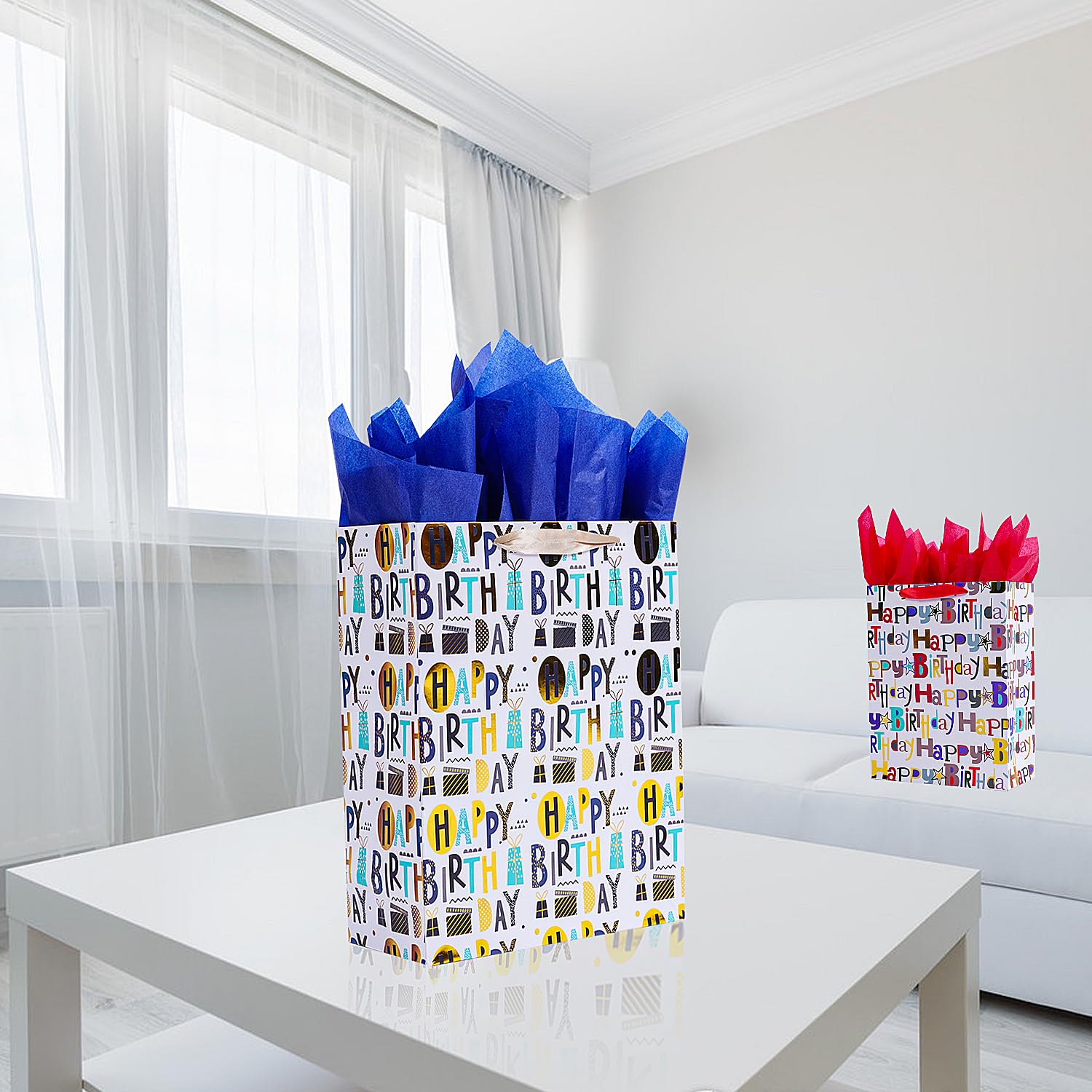 Elephant-package 2Pcs 12.6" Large Happy Birthday Gift Bags with Tissue Paper for Birthday Party.