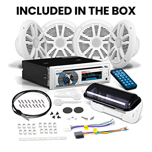 BOSS Audio Systems MCK508WB.64S Marine Boat Stereo Sound System Speaker Package - Single Din Radio Receiver Head Unit, No CD Player, Bluetooth Audio, Two 6.5 Inch Full Range Speakers, Dipole Antenna