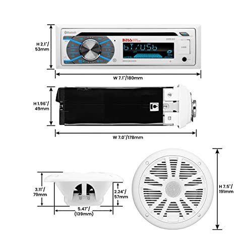 BOSS Audio Systems MCK508WB.64S Marine Boat Stereo Sound System Speaker Package - Single Din Radio Receiver Head Unit, No CD Player, Bluetooth Audio, Two 6.5 Inch Full Range Speakers, Dipole Antenna