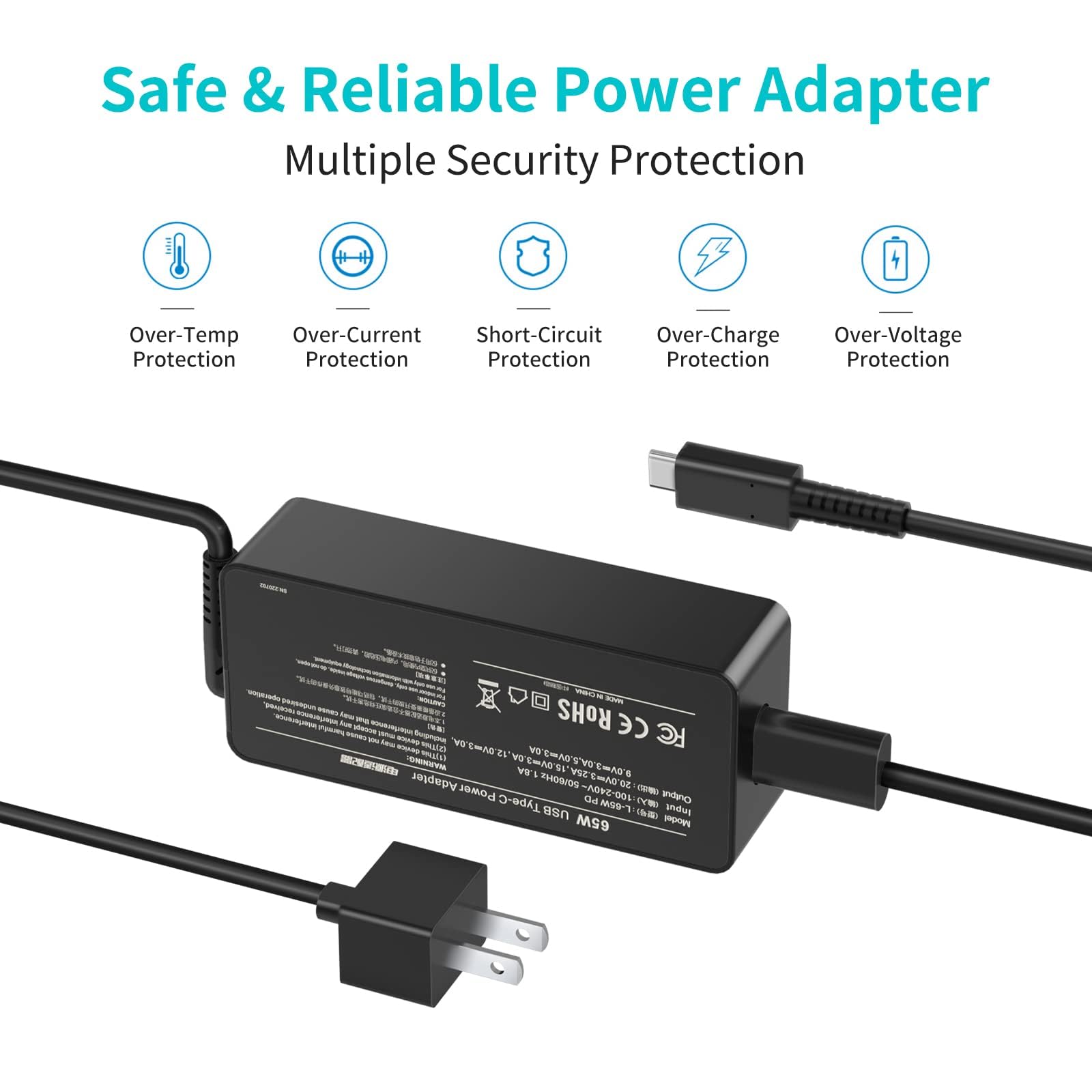 65W 20V 3.25A USB-C Power Adapter Charger for Dell XPS 12 13 9250/60 /70/80, Latitude 5290-2in1 5480 5580 7275 7280/90 7370/80/90 7480/90 and Other Type C Devices