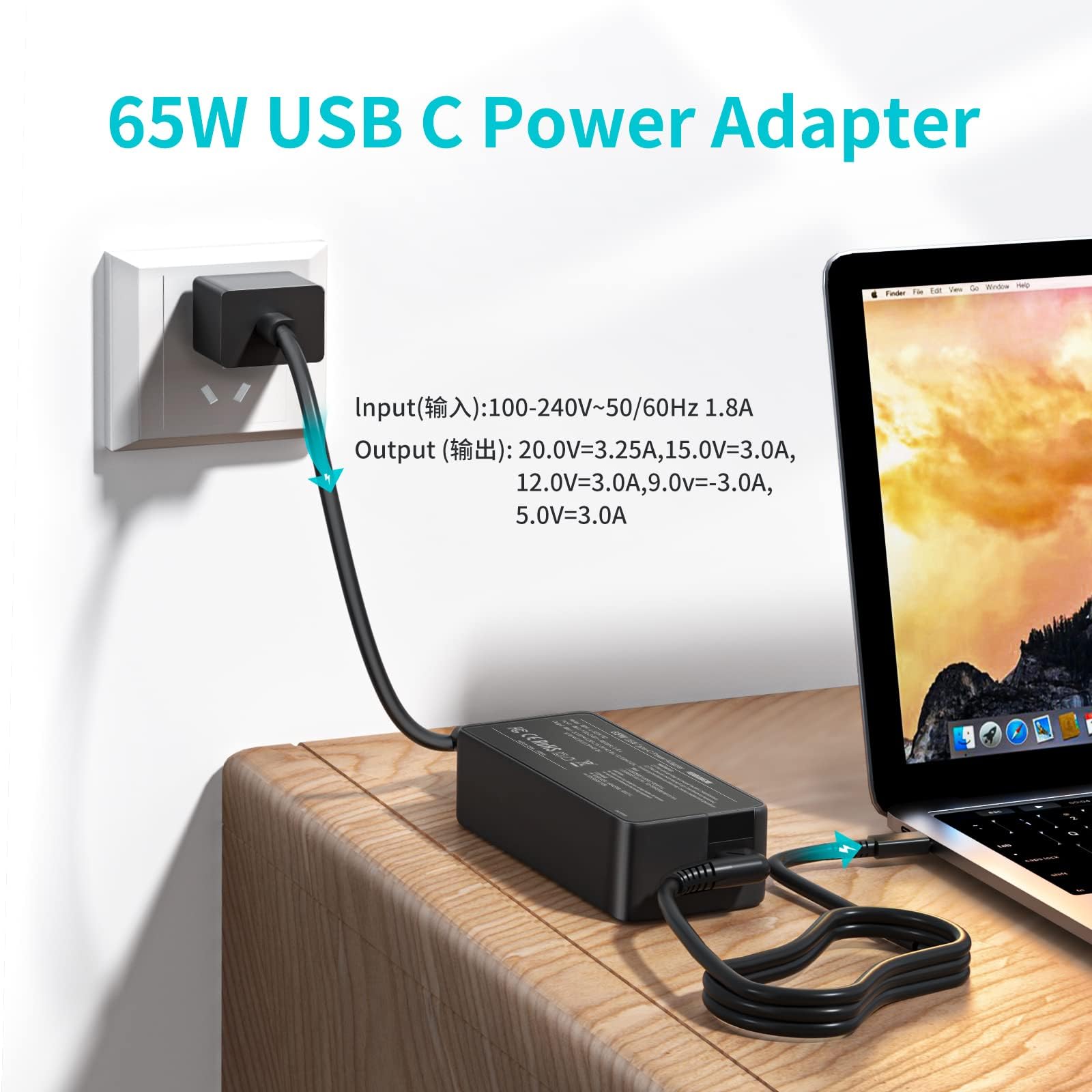 65W 20V 3.25A USB-C Power Adapter Charger for Dell XPS 12 13 9250/60 /70/80, Latitude 5290-2in1 5480 5580 7275 7280/90 7370/80/90 7480/90 and Other Type C Devices