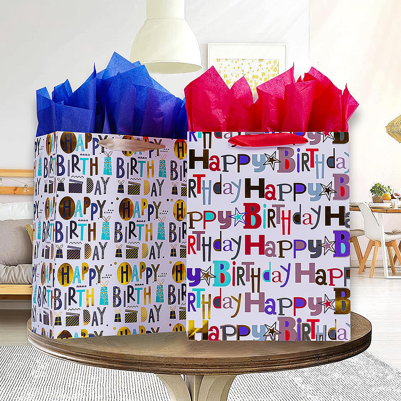Elephant-package 2Pcs 12.6" Large Happy Birthday Gift Bags with Tissue Paper for Birthday Party.