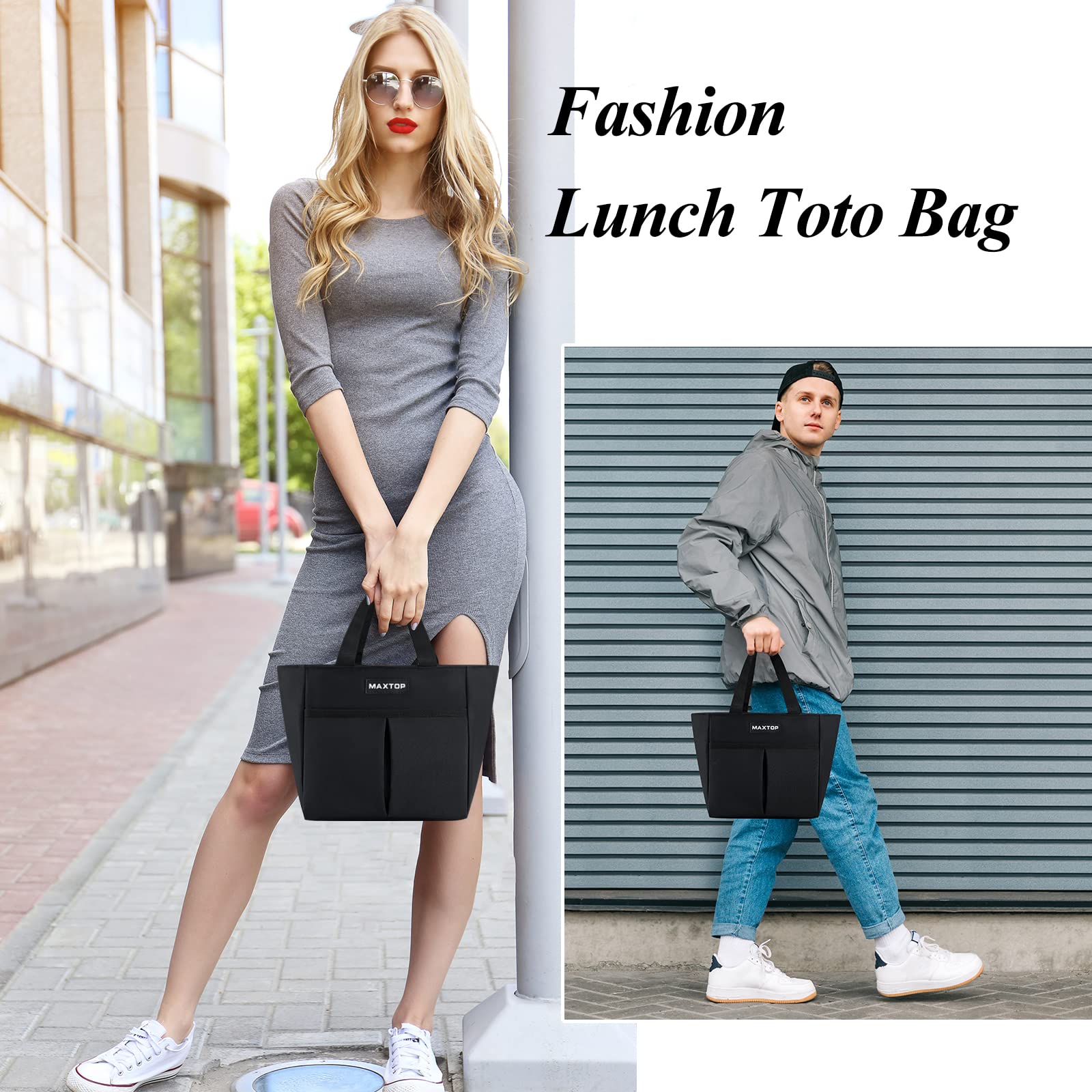 MAXTOP Lunch Bags for Women,Insulated Thermal Lunch Tote Bag,Lunch Box with Front Pocket for Office Work Picnic Shopping (Black, Medium)