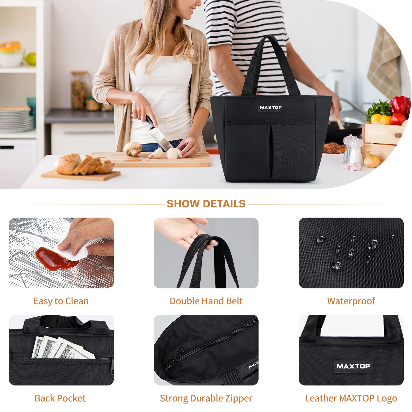 MAXTOP Lunch Bags for Women,Insulated Thermal Lunch Tote Bag,Lunch Box with Front Pocket for Office Work Picnic Shopping (Black, Medium)