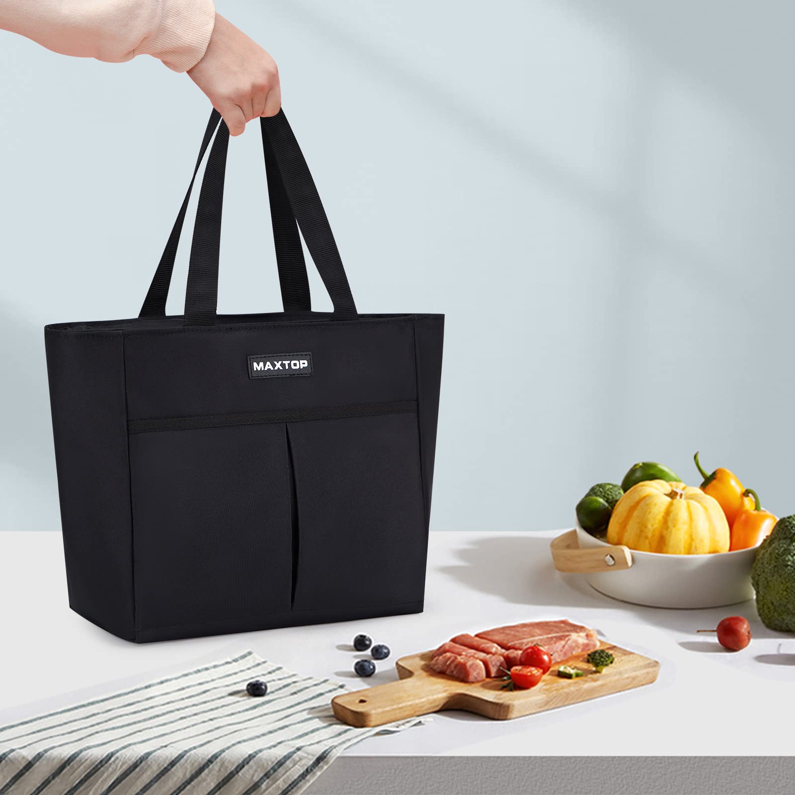 MAXTOP Lunch Bags for Women,Insulated Thermal Lunch Tote Bag,Lunch Box with Front Pocket for Office Work Picnic Shopping (Black, Medium)