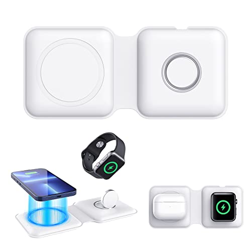 LAUDTEC Magnetic Duo Wireless Charging Pad, Portable 2 in 1 Foldable Charging Dock Power Station for Multiple Devices, Travel Wireless Charger for iPhone 14/13/12/SE/11 Series/AirPods/Apple Watch