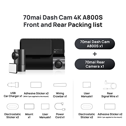 70mai True 4K Dash Cam A800S with Sony IMX415, Front and Rear, Built in GPS, Super Night Vision, 3'' IPS LCD, Parking Mode, ADAS, Loop Recording, iOS/Android App Control