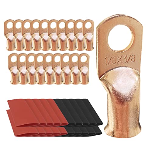10pcs 1/0 AWG-3/8 Ring Battery Lugs, Copper Lugs, Battery Cable Ends, Tubular Ring Terminals, Crimp Wire Ring Lugs, Battery Terminal Connectors with Heat Shrink Tubing (10, 1/0 Awg - 3/8" (M10) Ring)