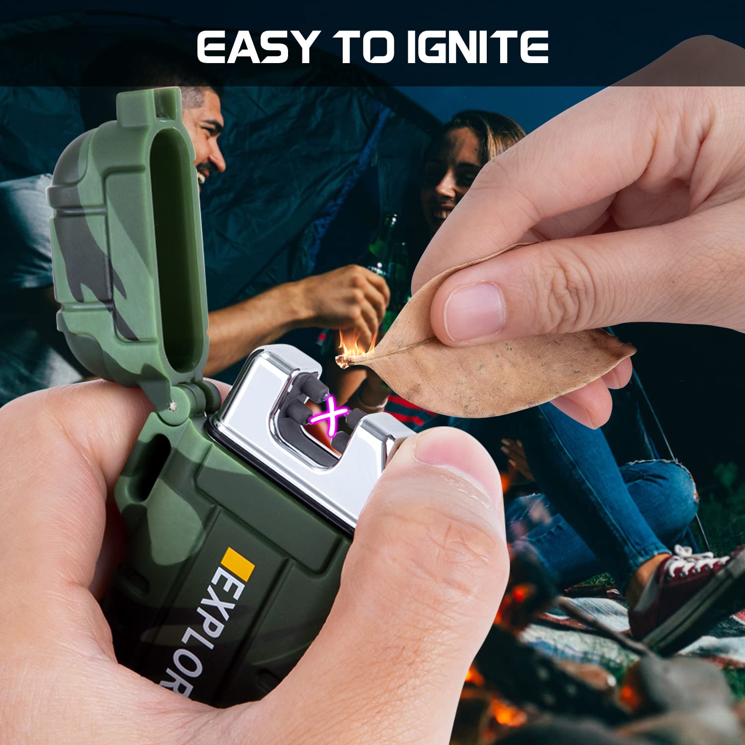 LcFun Waterproof Lighter Outdoor Windproof Lighter Dual Arc Lighter Electric Lighters USB Rechargeable-Flameless-Plasma Cool Lighters for Camping,Hiking,Adventure,Survival Tactical Gear
