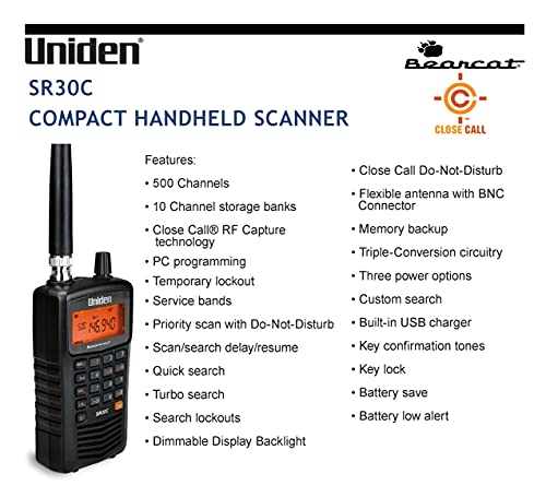 Uniden Bearcat SR30C, 500-Channel Compact Handheld Scanner, Close Call RF Capture, Turbo Search, PC programable, NASCAR, Racing, Aviation, Marine, Railroad, and Non-Digital Police, Fire, Public Safety