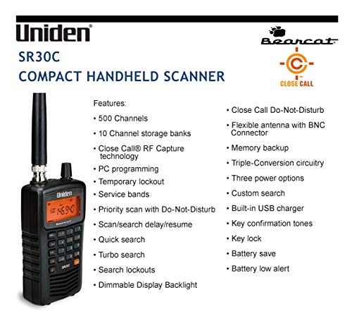 Uniden Bearcat SR30C, 500-Channel Compact Handheld Scanner, Close Call RF Capture, Turbo Search, PC programable, NASCAR, Racing, Aviation, Marine, Railroad, and Non-Digital Police, Fire, Public Safety