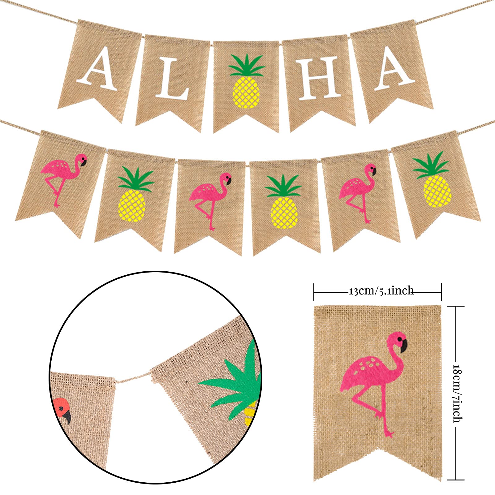 Whaline Hawaiian Aloha Burlap Banner Pineapple Flamingo Pattern Summer Garland Flag Pre-Assembled Tropical Theme Banner for Summer Beach Pool Barbecue Party Decoration Supplies, 2Pcs