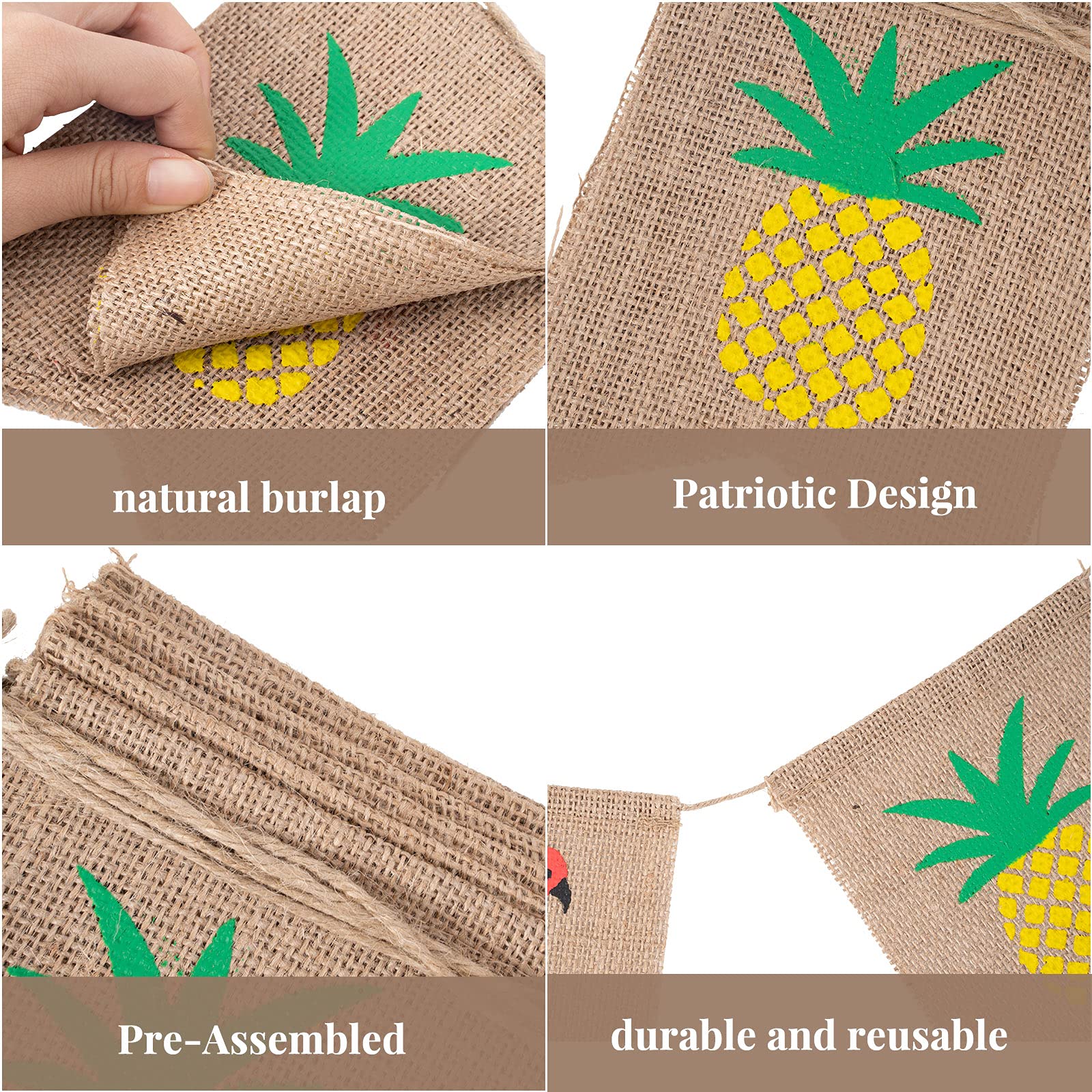 Whaline Hawaiian Aloha Burlap Banner Pineapple Flamingo Pattern Summer Garland Flag Pre-Assembled Tropical Theme Banner for Summer Beach Pool Barbecue Party Decoration Supplies, 2Pcs