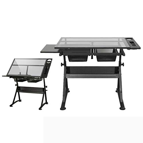 VejiA Drafting Table with Storage, Height Adjustable Tiltable Art Desk, Glass Panel Drawing Desk, for Work Study Painting Craft Table