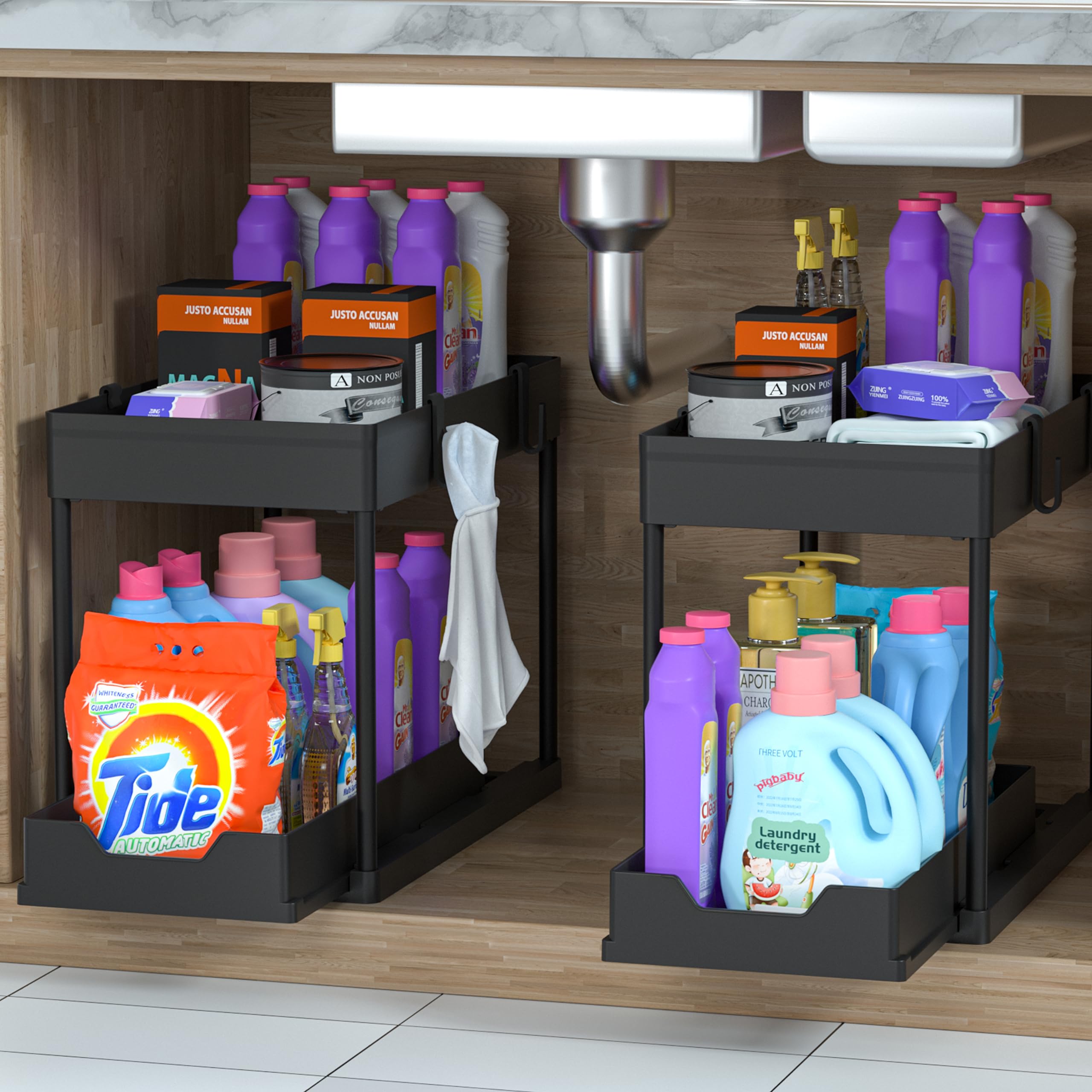 2 Pack Under Sink Organizer with Sliding Cabinet Basket, 2 Tier Multi-Purpose Under Sink Organization and Storage for Bathroom Kitchen