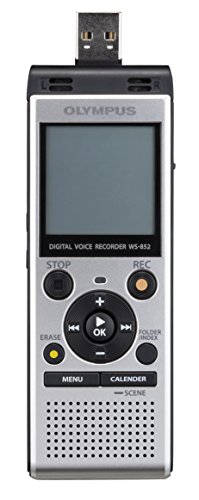 Olympus WS-852 silver voice recorder with true stereo mic, 4GB, 110 hours battery life, microSD external memory, USB, with MP3 file format.