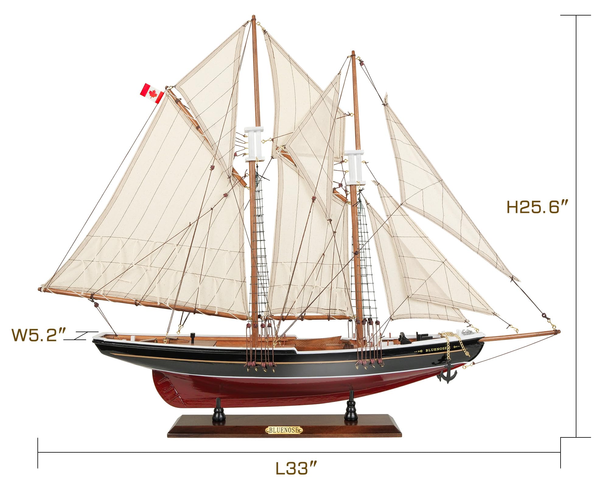 SAILINGSTORY Wooden Sailboat Model Ship Bluenose 1/60 Scale Replica Schooner Sailboat Decor Large