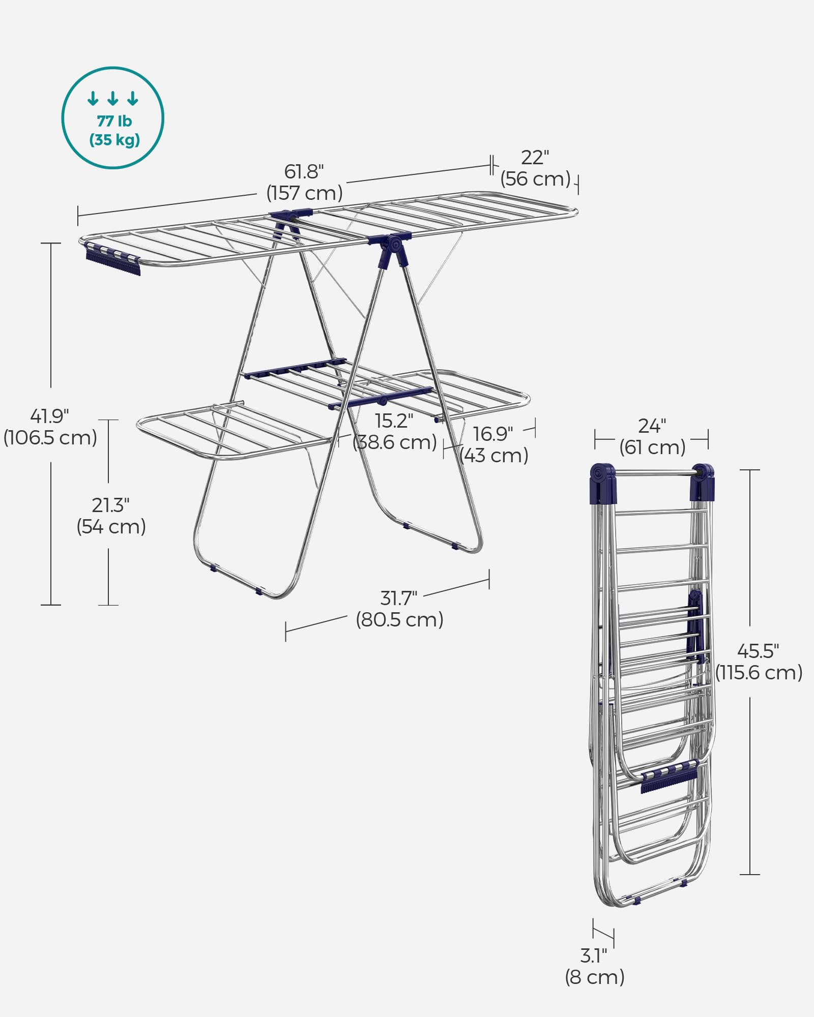SONGMICS Clothes Drying Rack, Foldable 2-Level Laundry Drying Rack, Free-Standing Large Drying Rack, with Height-Adjustable Wings, 33 Drying Rails, Sock Clips, for Clothes, Sheets, Blue ULLR53BU