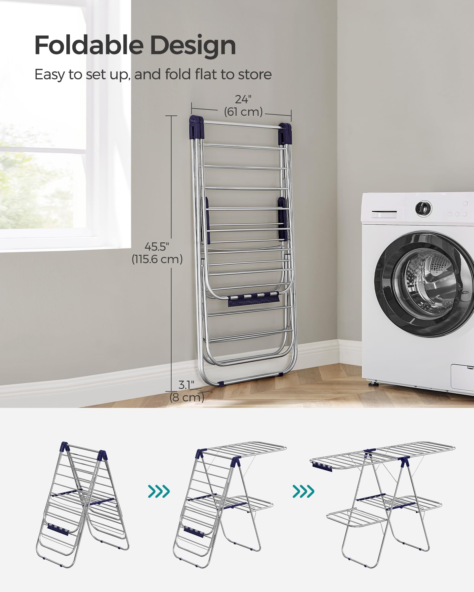 SONGMICS Clothes Drying Rack, Foldable 2-Level Laundry Drying Rack, Free-Standing Large Drying Rack, with Height-Adjustable Wings, 33 Drying Rails, Sock Clips, for Clothes, Sheets, Blue ULLR53BU