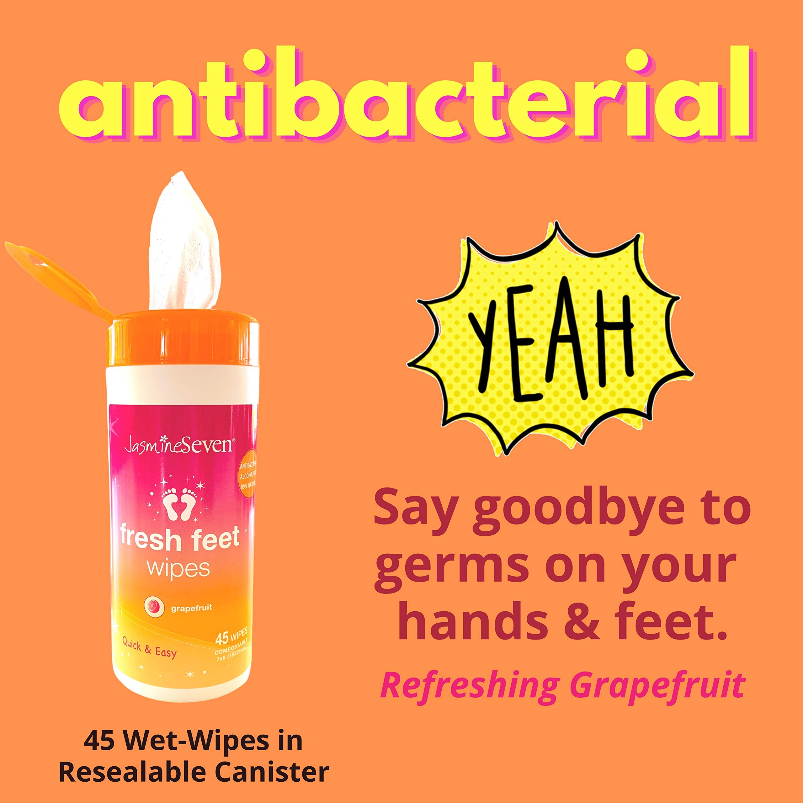 Fresh Feet Wipes -for Kids and Adults - Antibacterial Refreshing Grapefruit Wet Wipes Resealable Canister - 45 foot, hand, body wipes | by Jasmine Seven
