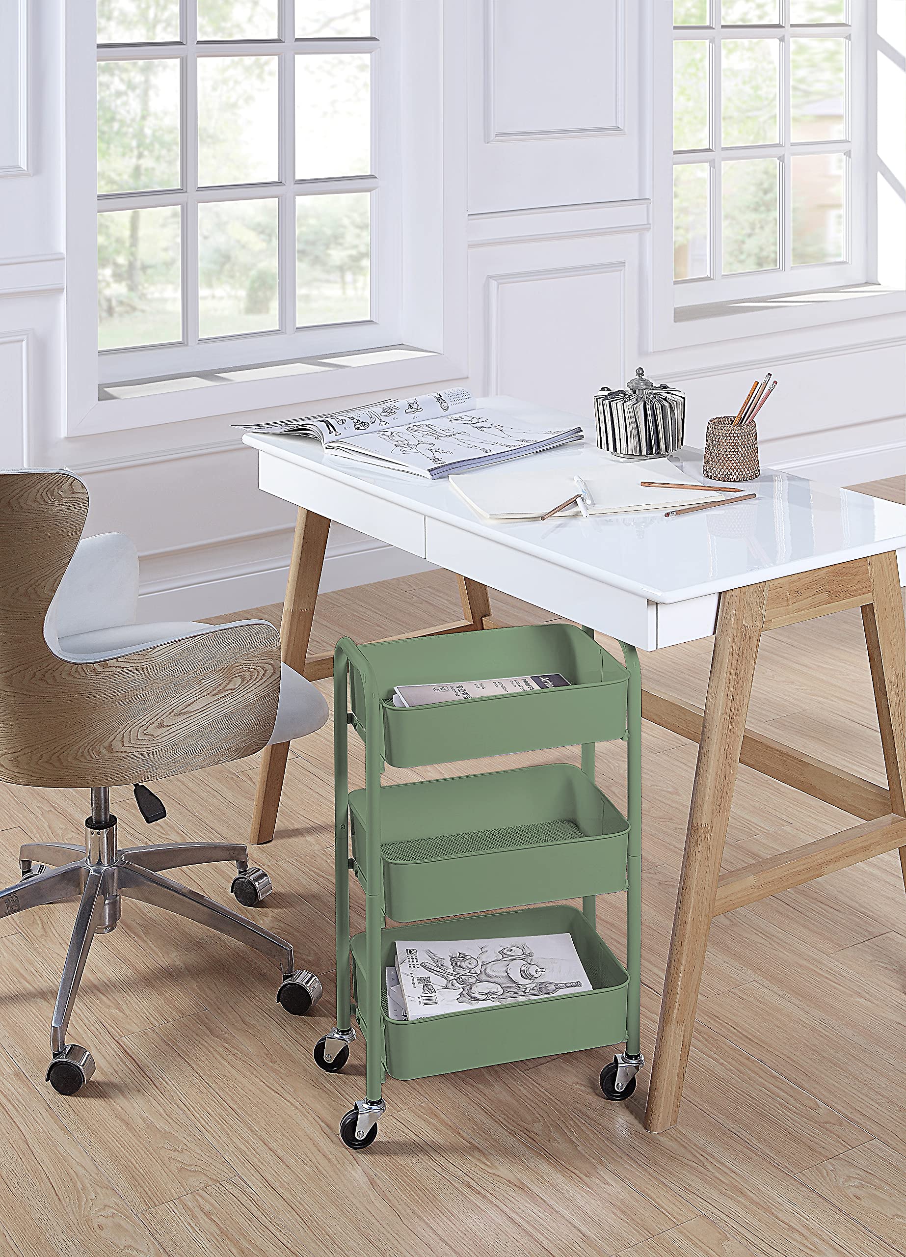 SunnyPoint 3-Tier Delicate Compact Rolling Metal Storage Organizer - Mobile Utility Cart Kitchen/Under Desk Cart with Caster Wheels (Turq, Compact (15.5" X 26.8" X 10.27"))
