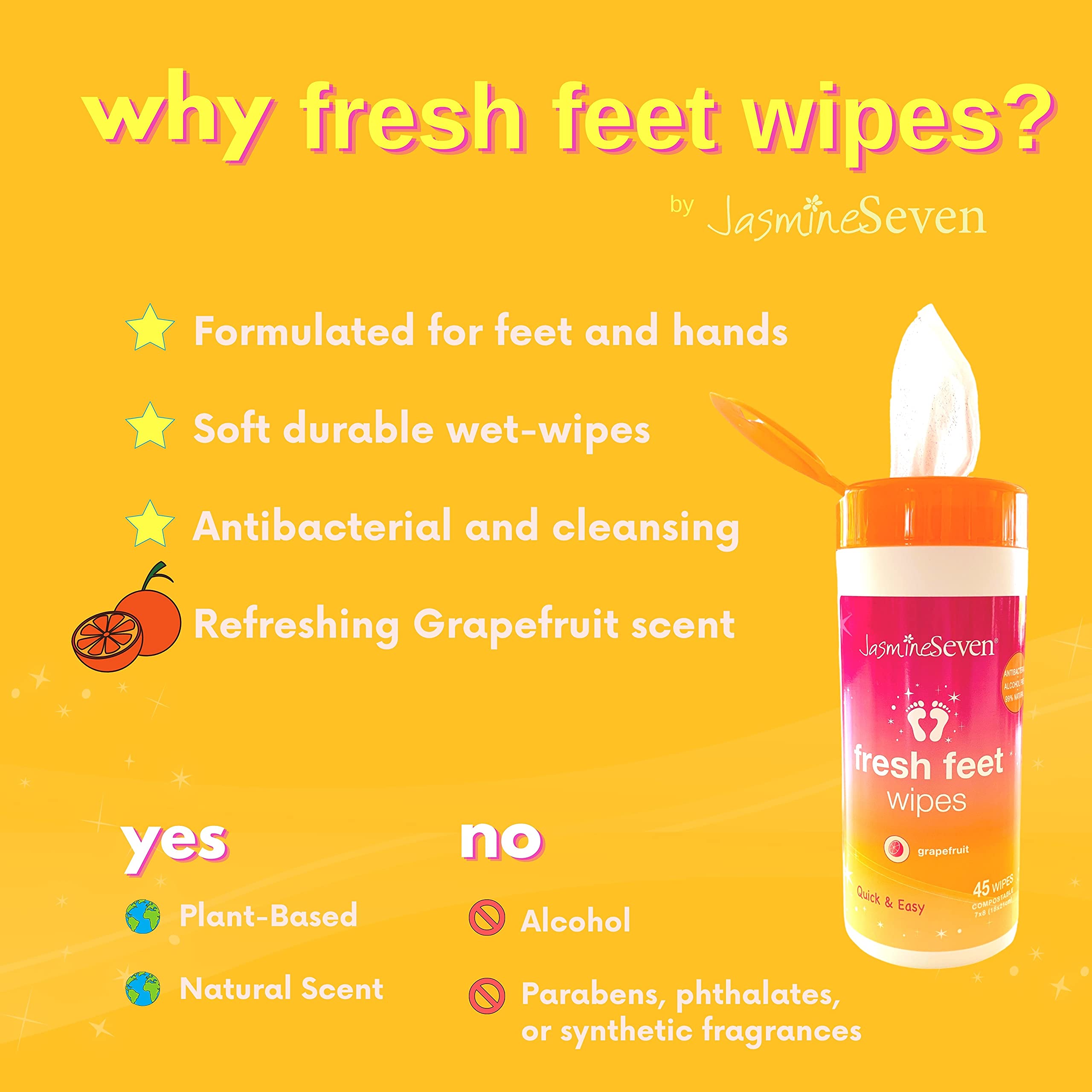 Fresh Feet Wipes -for Kids and Adults - Antibacterial Refreshing Grapefruit Wet Wipes Resealable Canister - 45 foot, hand, body wipes | by Jasmine Seven