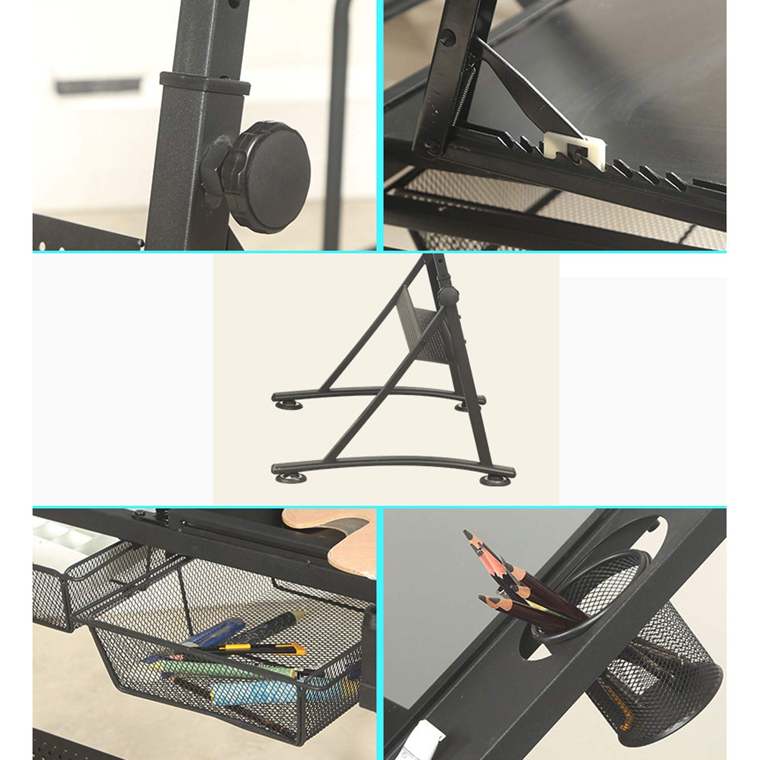 VejiA Drafting Table with Storage, Height Adjustable Tiltable Art Desk, Glass Panel Drawing Desk, for Work Study Painting Craft Table