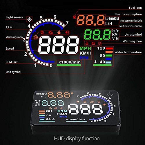 Arestech 5.5 inches A8 OBD2 Windshield HUD Head Up Display with Display RPM MPH Speeding Warning Fuel Consumption Temperature