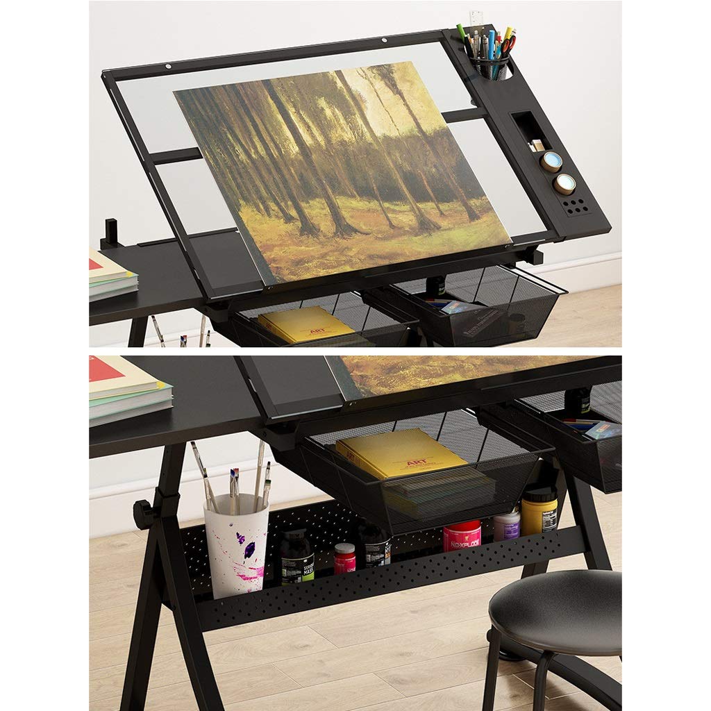 VejiA Drafting Table with Storage, Height Adjustable Tiltable Art Desk, Glass Panel Drawing Desk, for Work Study Painting Craft Table