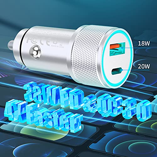 [Apple MFi Certified] iPhone Fast Car Charger, esbeecables 48W Dual Port USB C Power Delivery All Metal Lighter PD/QC3.0 Car Charger with 2Pack Lightning Cable Quick Charging for iPhone/iPad/Airpods