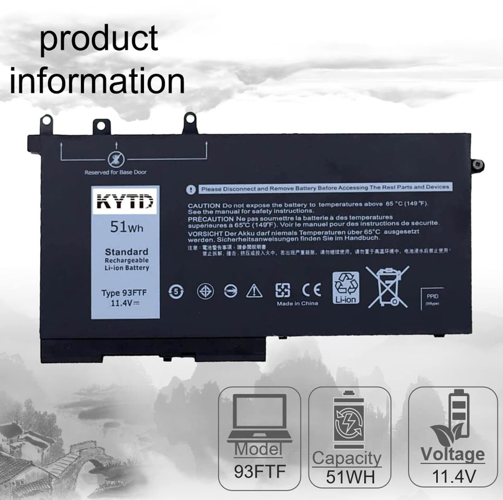 KYTD 93FTF Laptop Battery Compatible with Dell Precision 15 3520 3530 Latitude E5280 E5480 E5580 E5490 E5590 E5480 E5290 E5591 E5491 Series D4CMT 4YFVG 83XPC DJWGP DV9NT 451-BBZT [11.4V/51WH]