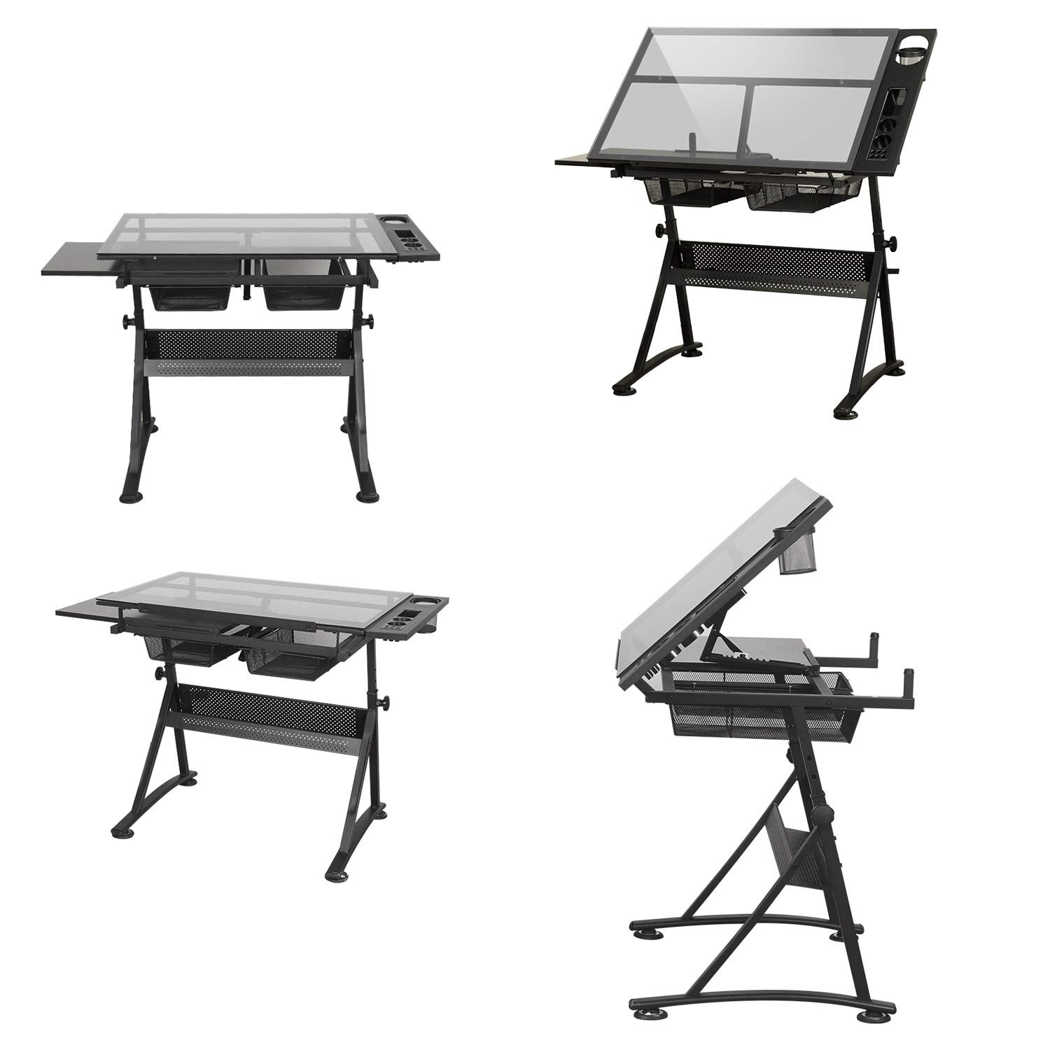 VejiA Drafting Table with Storage, Height Adjustable Tiltable Art Desk, Glass Panel Drawing Desk, for Work Study Painting Craft Table