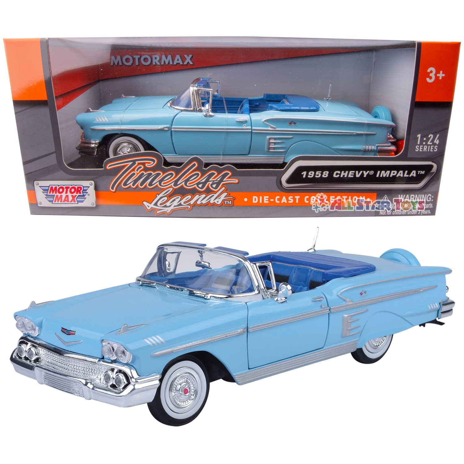 1958 Chevrolet Impala Convertible, Blue - Motormax Premium American 73267 - 1/24 Scale Diecast Model Car