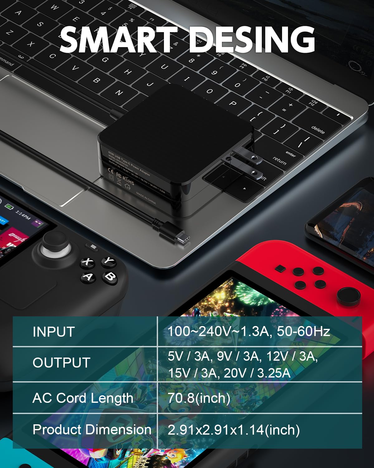 65W/45W PD Foldable Power Adapter, USB C Fast Charger for Steam Deck/Nintendo Switch/Steam Deck TV Dock Console/Switch/Lite/Phone/Tablet/Laptop