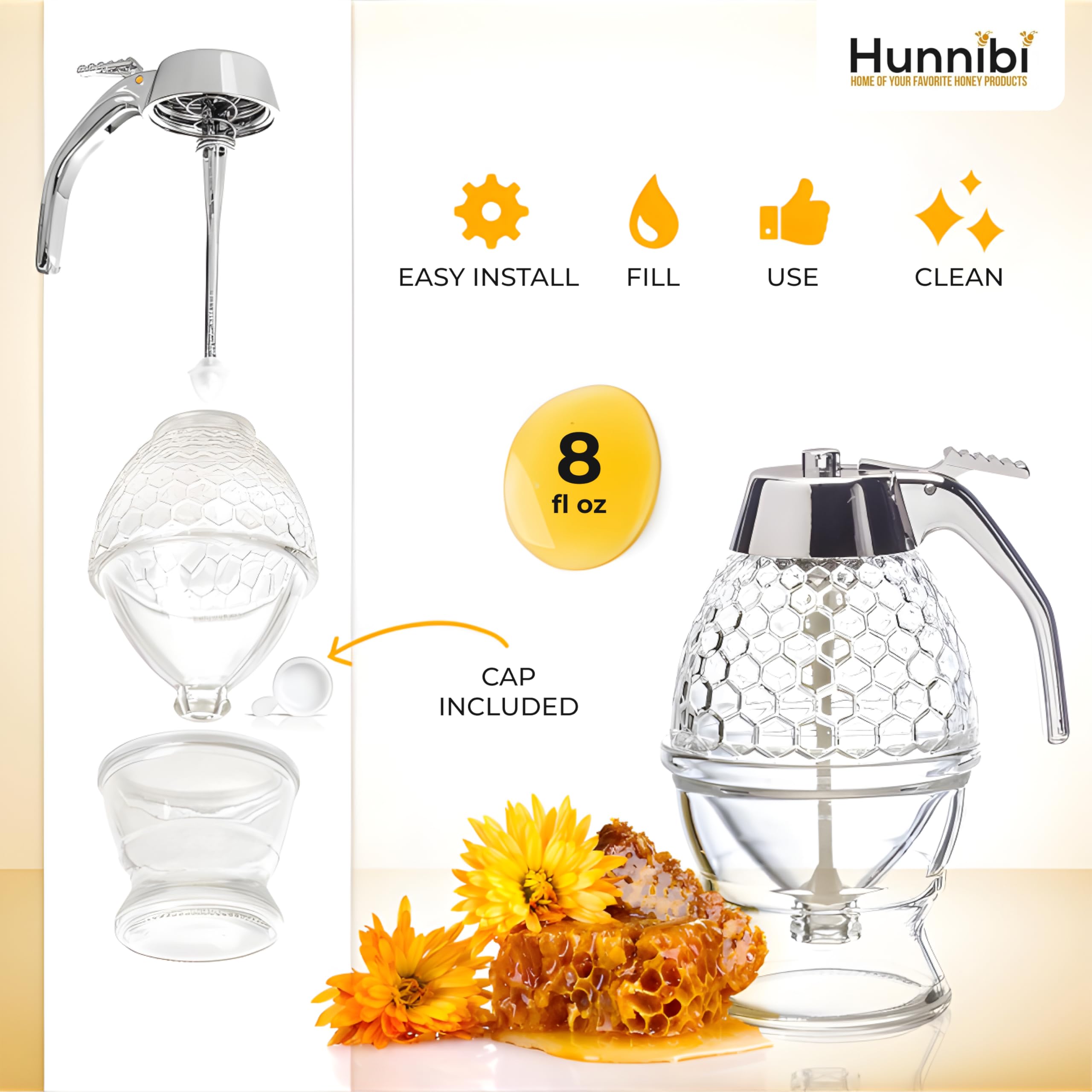 Hunnibi Honey Dispenser No Drip Glass - Maple Syrup Dispenser Glass - Beautiful Honey Comb Shaped Honey Pot - Honey Jar with Stand, Great Bee Decor
