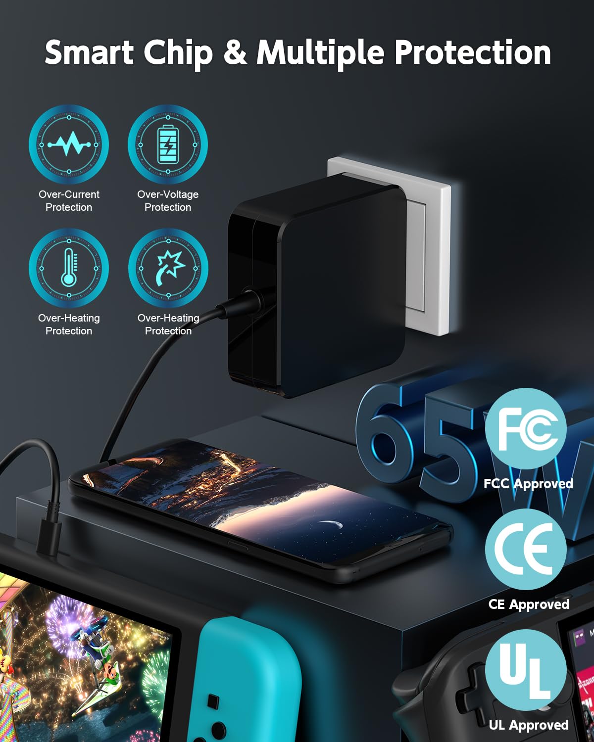65W/45W PD Foldable Power Adapter, USB C Fast Charger for Steam Deck/Nintendo Switch/Steam Deck TV Dock Console/Switch/Lite/Phone/Tablet/Laptop