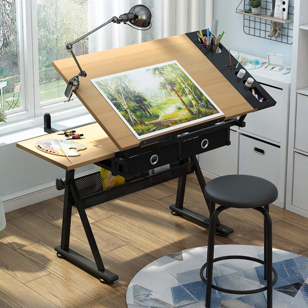 VejiA Drafting Table with Storage, Height Adjustable Tiltable Art Desk, Glass Panel Drawing Desk, for Work Study Painting Craft Table
