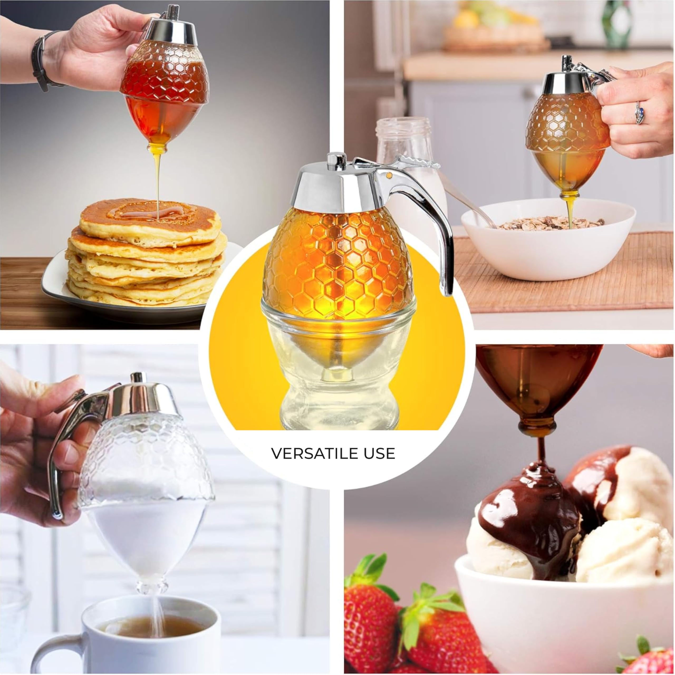Hunnibi Honey Dispenser No Drip Glass - Maple Syrup Dispenser Glass - Beautiful Honey Comb Shaped Honey Pot - Honey Jar with Stand, Great Bee Decor