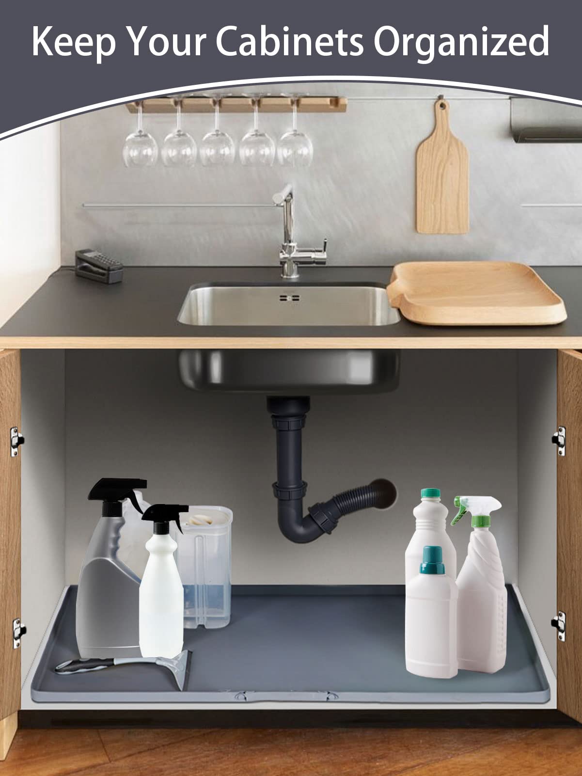 Silicone Under Sink Mat, 34'' x 22'' Kitchen Sink Liner Drip Tray, Waterproof Cabinet Sink Protector Mats with Unique Outfall for Kitchen Bathroom Leaks