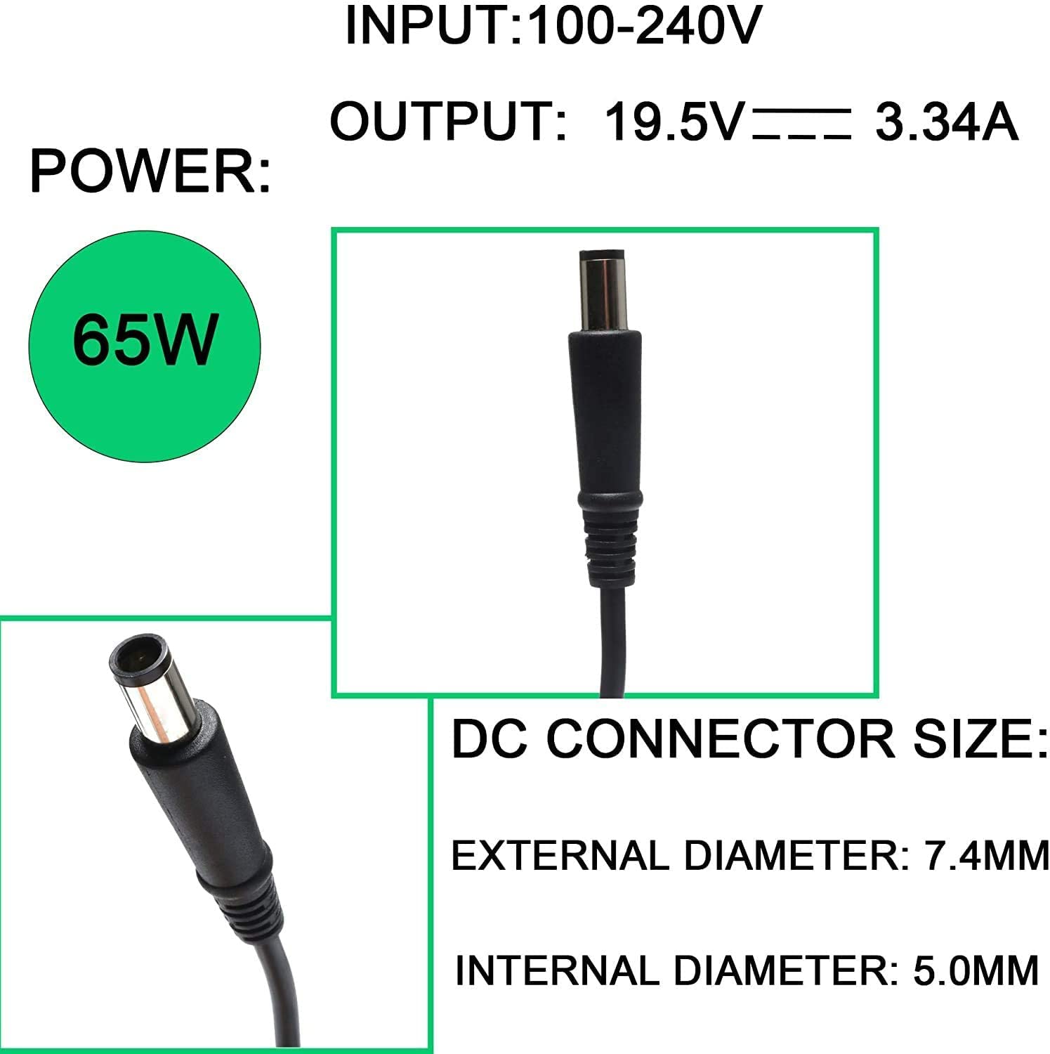65W Laptop Charger AC Adapter Replacement for Dell Latitude 5480 5490 5580 5590 7480 7490 E5400 E5440 E5450 E5540 E5470 E5550 E5570 E6230 E6330 E6420 E6430 E6440 E7440 E7450 E6540 Power Supply Cord