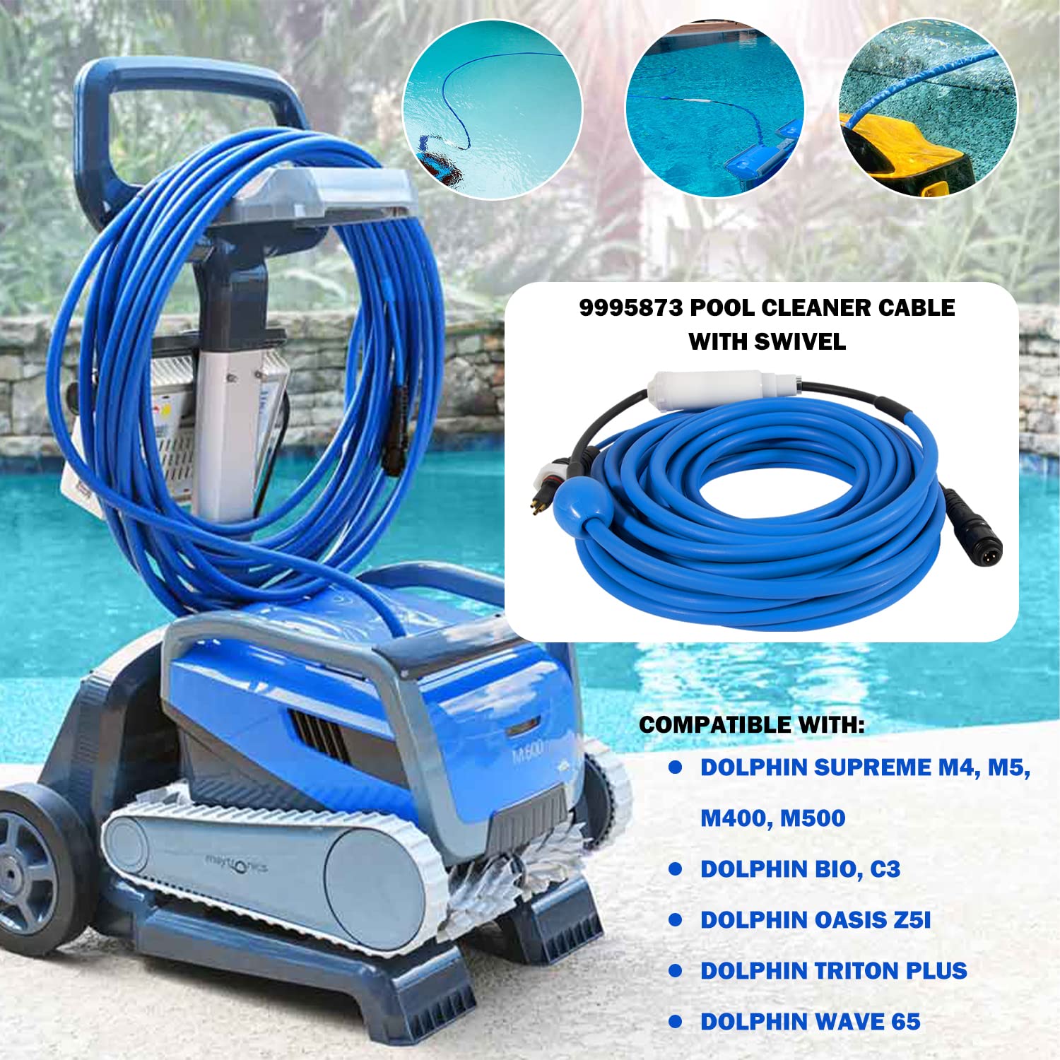 9995873 DIY Cable 3 Wire Assy w/Swivel, Pool Cleaner Parts Replacement 3 Pin Swivel Cord Fit for Dolphin Supreme M4 M5 C3 M400 M500, Oasis Z5, Triton Plus, Wave 65, With Remote Control or Bluetooth