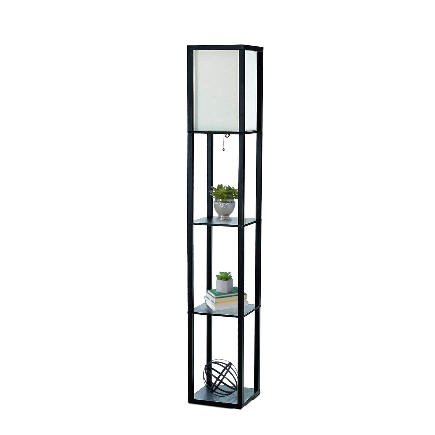 Simple Designs LF1014-BLK Etagere Organizer Storage Shelf Linen Shade Floor Lamp, Black